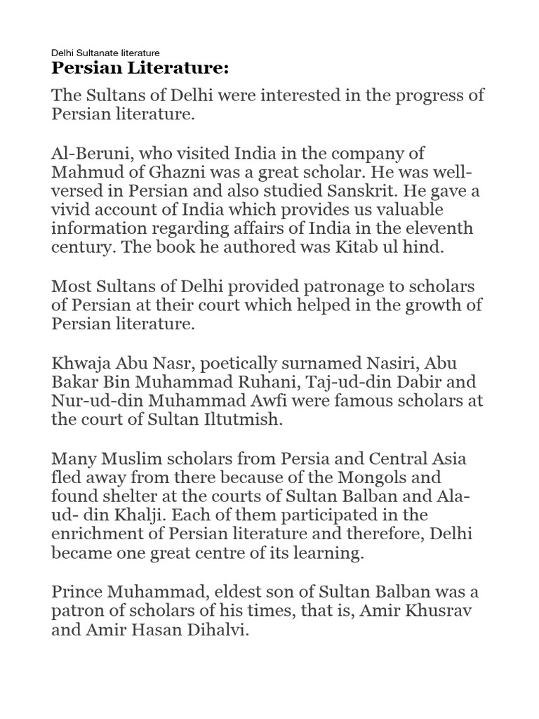 History Notes (Delhi Sultanate Literature 1) | PDF | Languages Of India