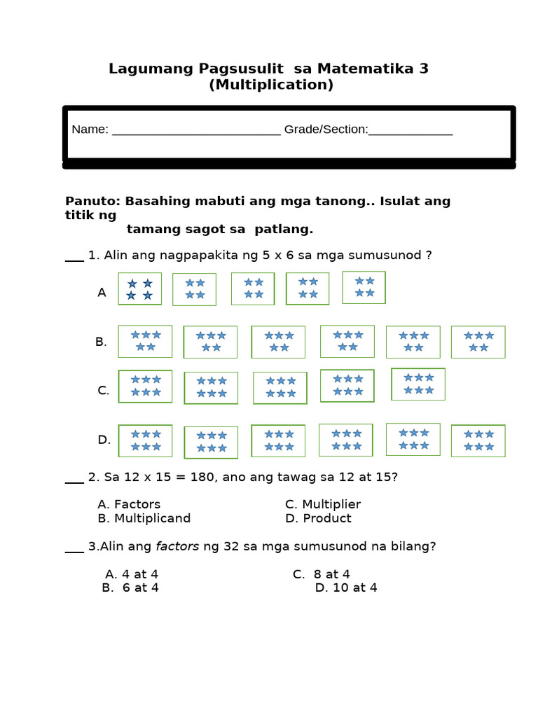 LAGUMANG PAGSUSULIT SA MATEMATIKA 3 (Multiplication) | PDF