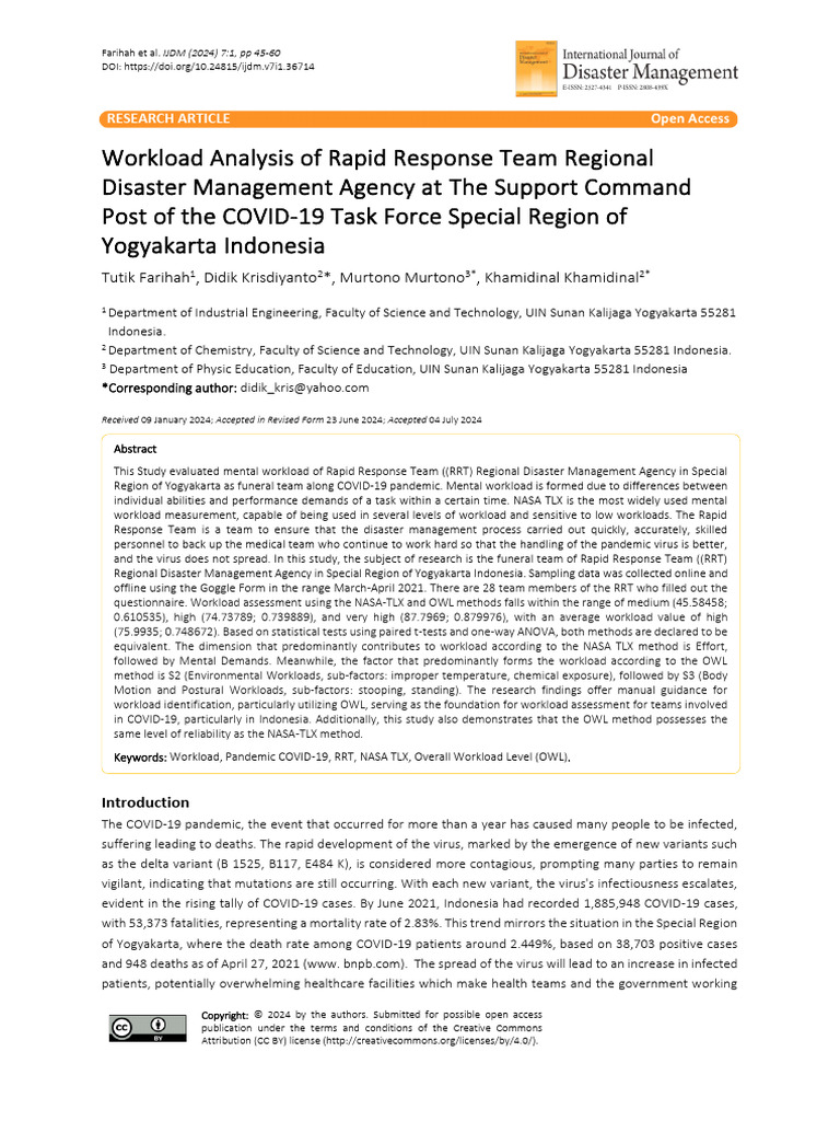 Workload Analysis of Rapid Response Team Regional Disaster Management ...