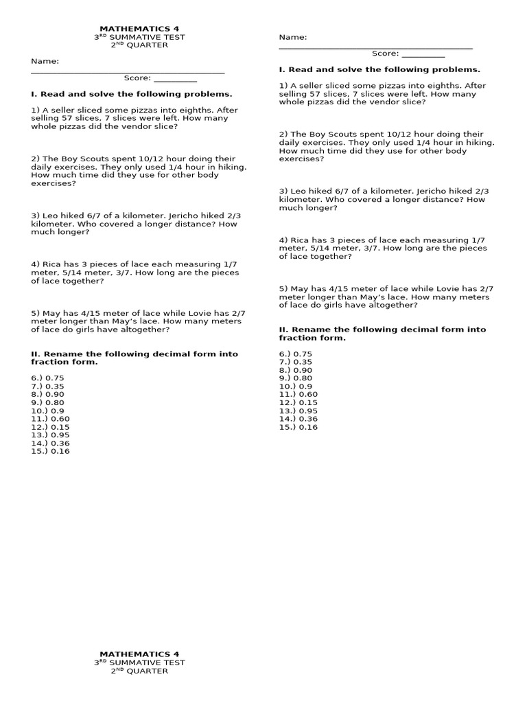 Math4 ST3 Q2 | PDF | Mathematics | Arithmetic