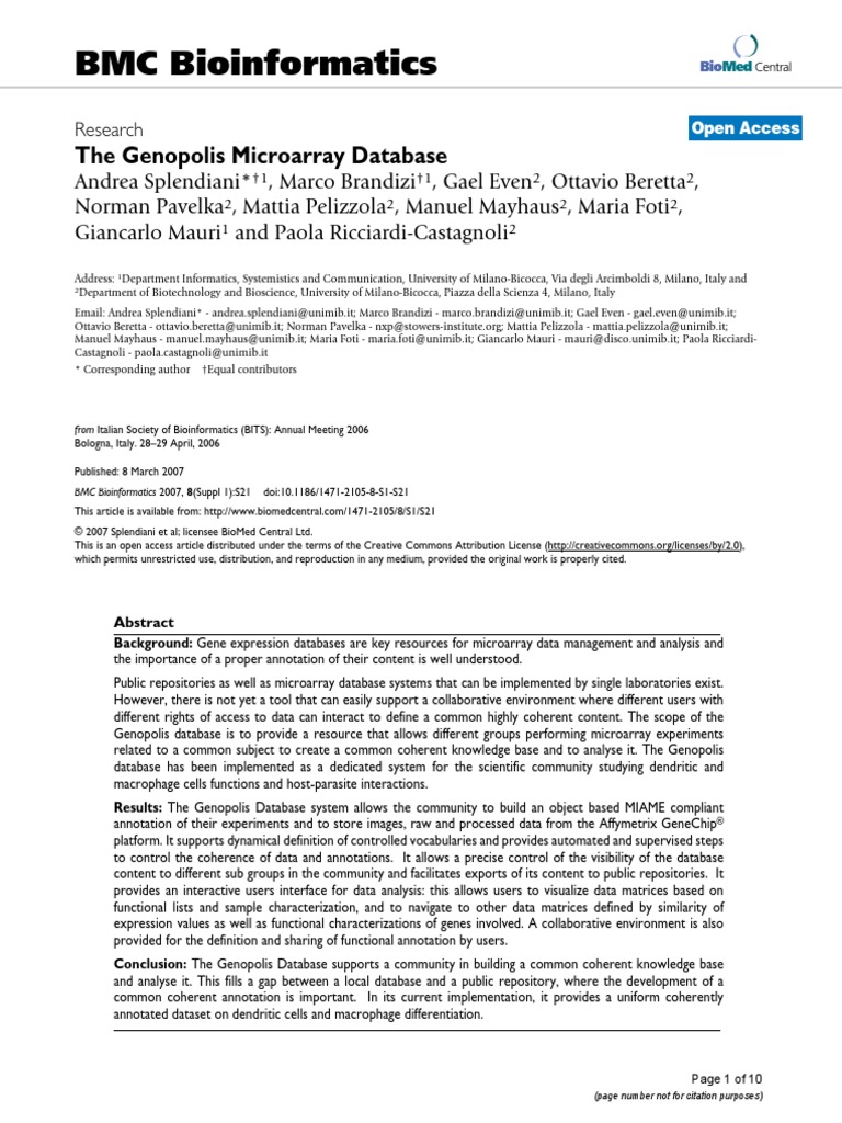 BMC Bioinformatics: The Genopolis Microarray Database | PDF | Dna Microarray | Bioinformatics