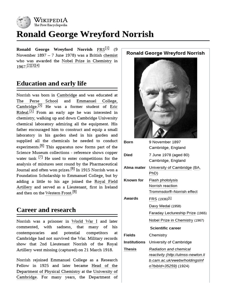 Ronald Norrish: Nobel Chemist Biography | PDF | Chemistry | Physical ...