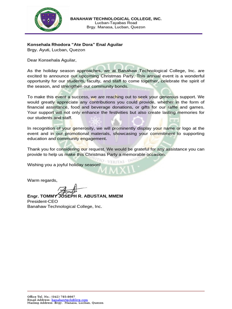 Solicitation Letter - Christmas Party | PDF