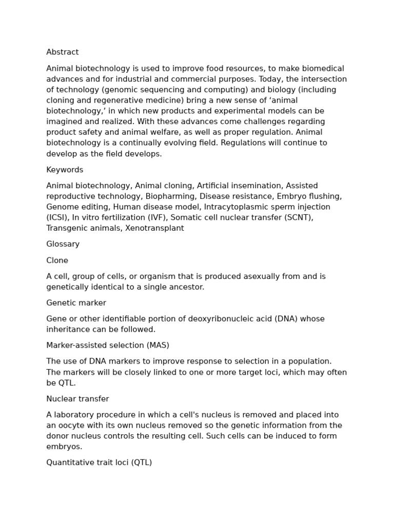 Animal Biotechnology | PDF | Cloning | Genetics