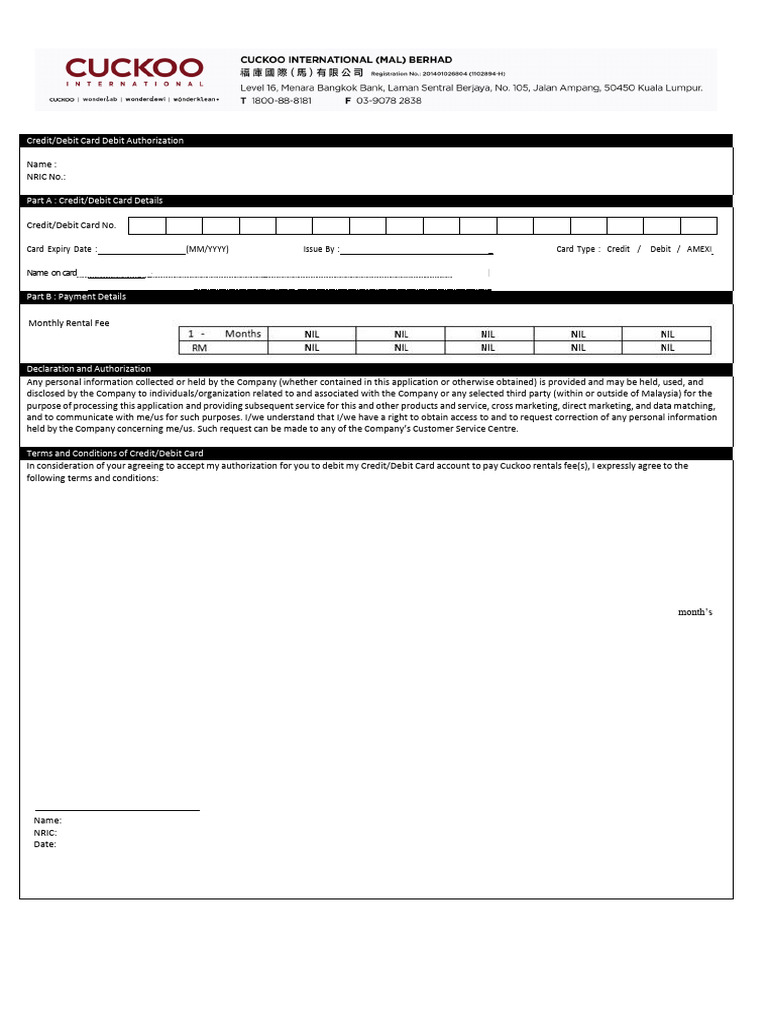 Credit/Debit Card Auto Debit Agreement | PDF | Credit Card | Debit Card