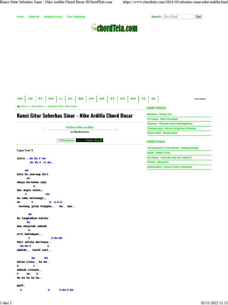 Kunci Gitar Seberkas Sinar - Nike Ardilla Chord Dasar © | PDF