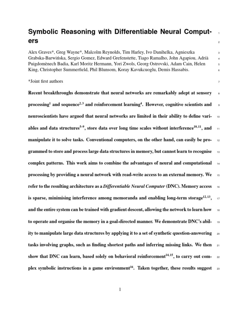 Symbolic Reasoning With Differentiable Neural Comput- 1 | PDF | Memory | Artificial Neural Network