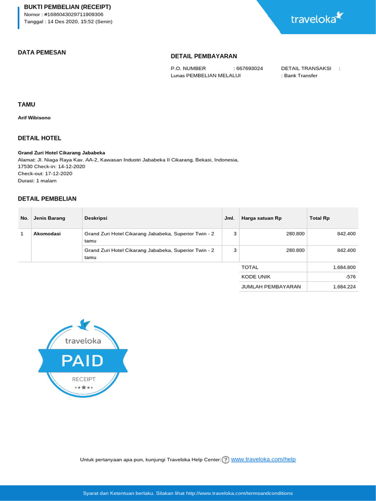 Receipt for Grand Zuri Hotel Stay | PDF