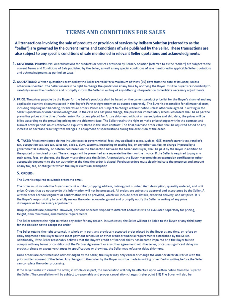 Reliserv Sales Terms and Conditions | PDF | Taxes | Prices