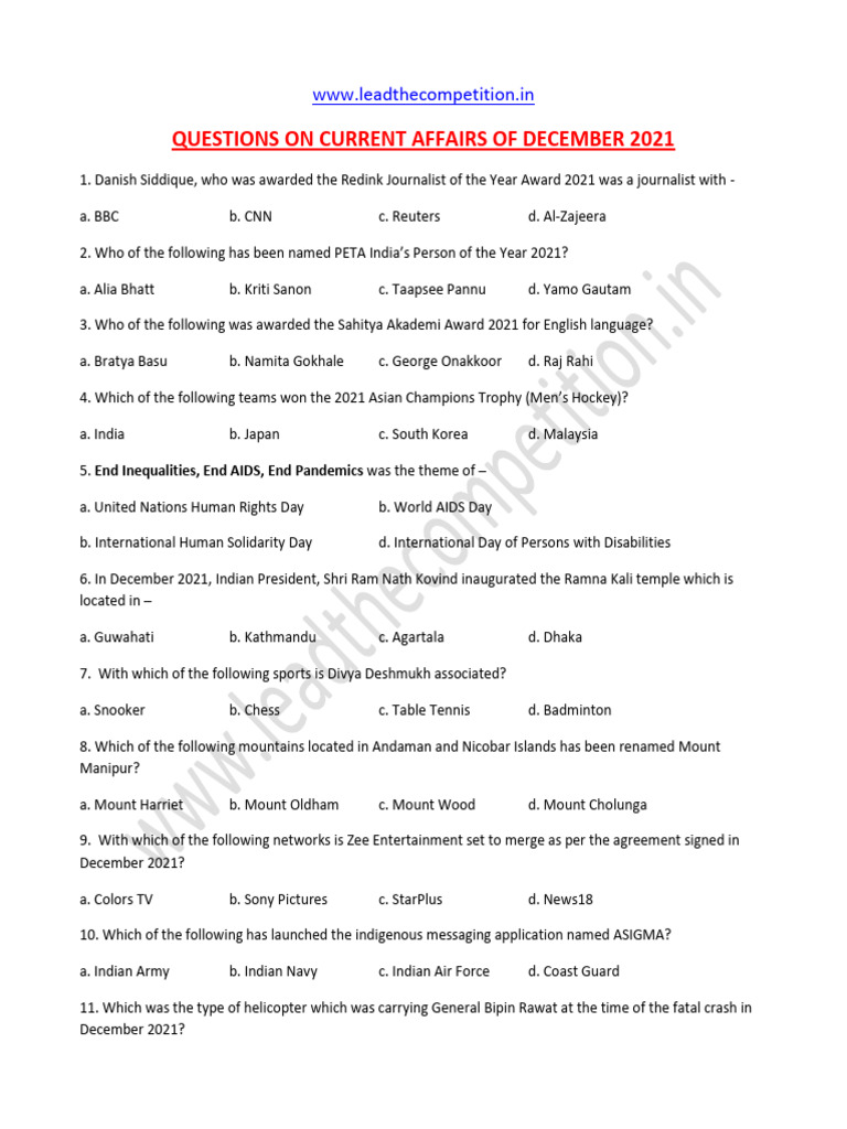 Current Affairs Questions Dec 21 | PDF