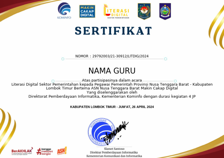 Sertifikat Bimtek Literasi Digital | PDF