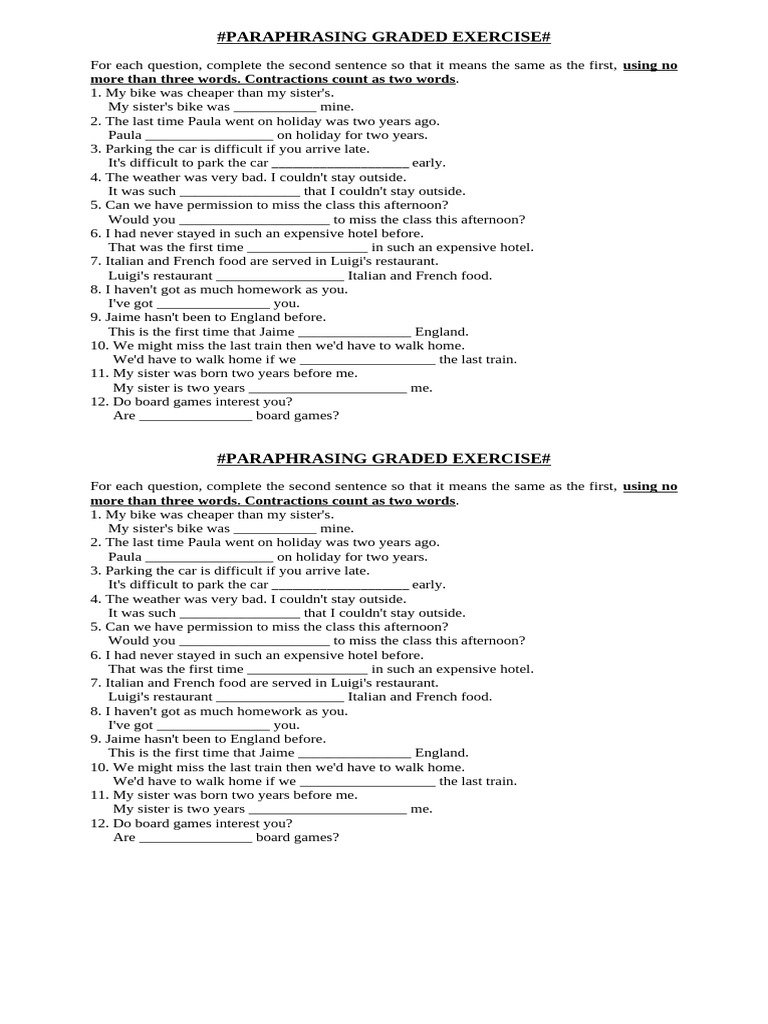 Paraphrasing Exercise Questions | PDF | Hospitality Industry