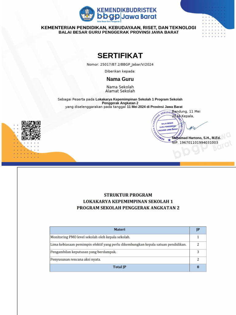 Sertifikat Lokakarya Program Sekolah Penggerak | PDF