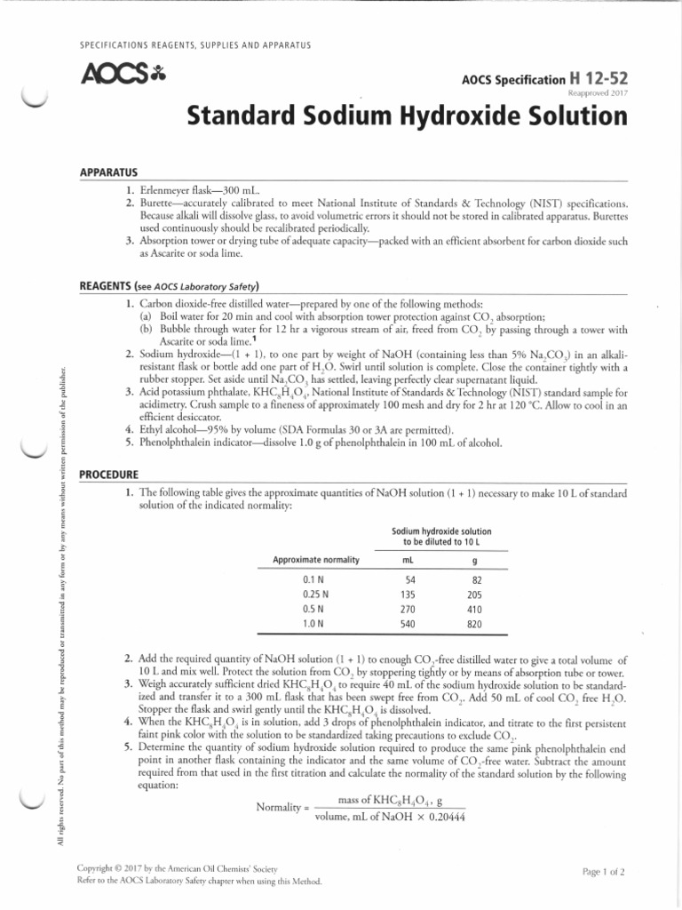 AOCS H 12-52 Standard Sodium Hydroxide Solution | PDF | Sodium Hydroxide | Sodium