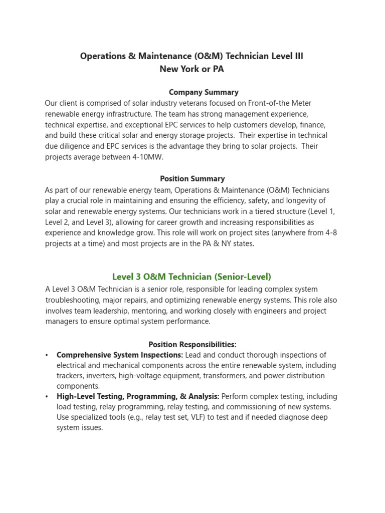 JD - Senior Solar O&M Tech Level LLL | PDF | System | Safety