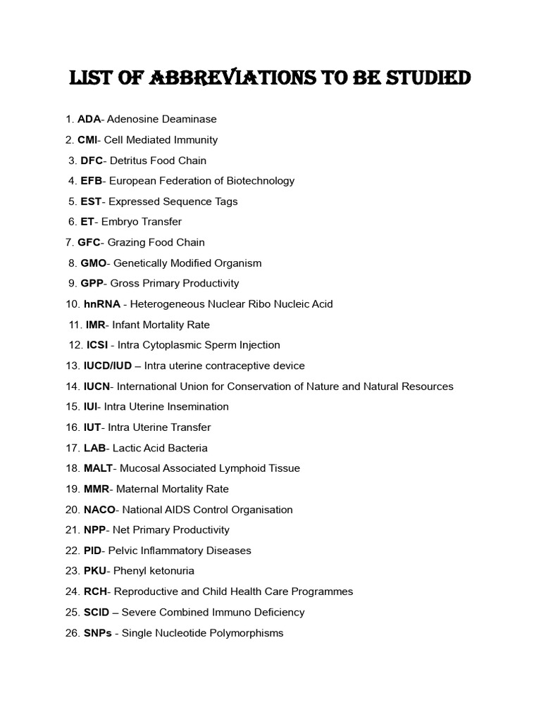 List of Abbreviations To Be Studied | PDF
