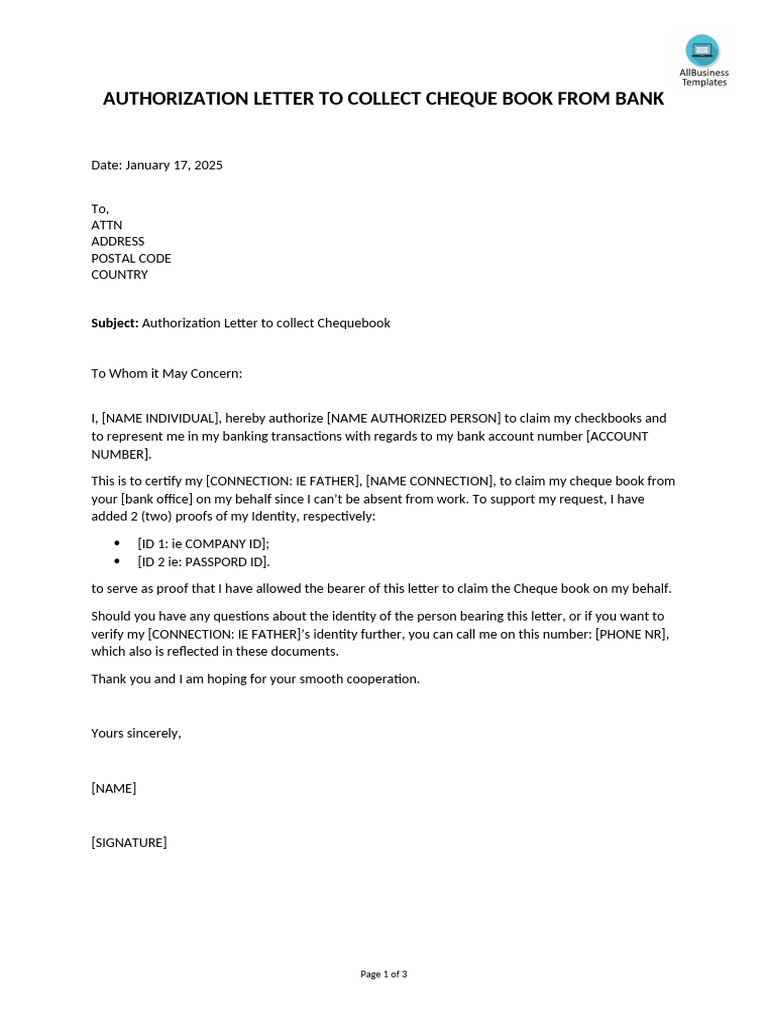 Authorization Letter To Bank To Collect Cheque | PDF | Cheque