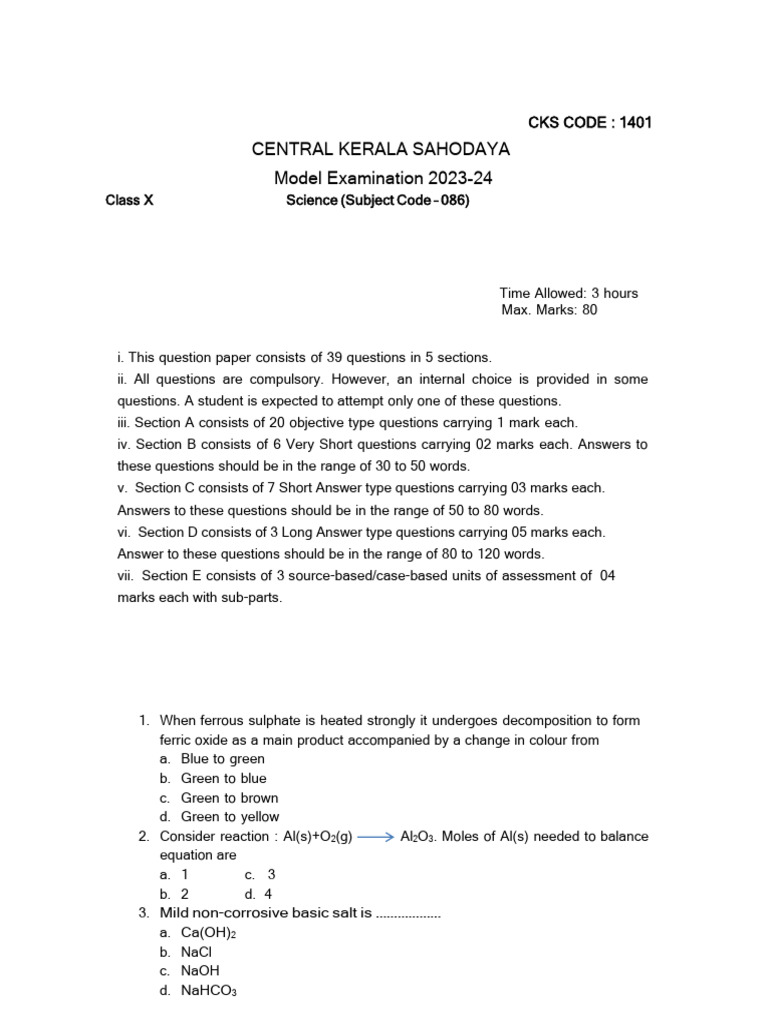CKS - SCIENCE - CLASS X - QP 1401 | PDF | Aluminium | Metals