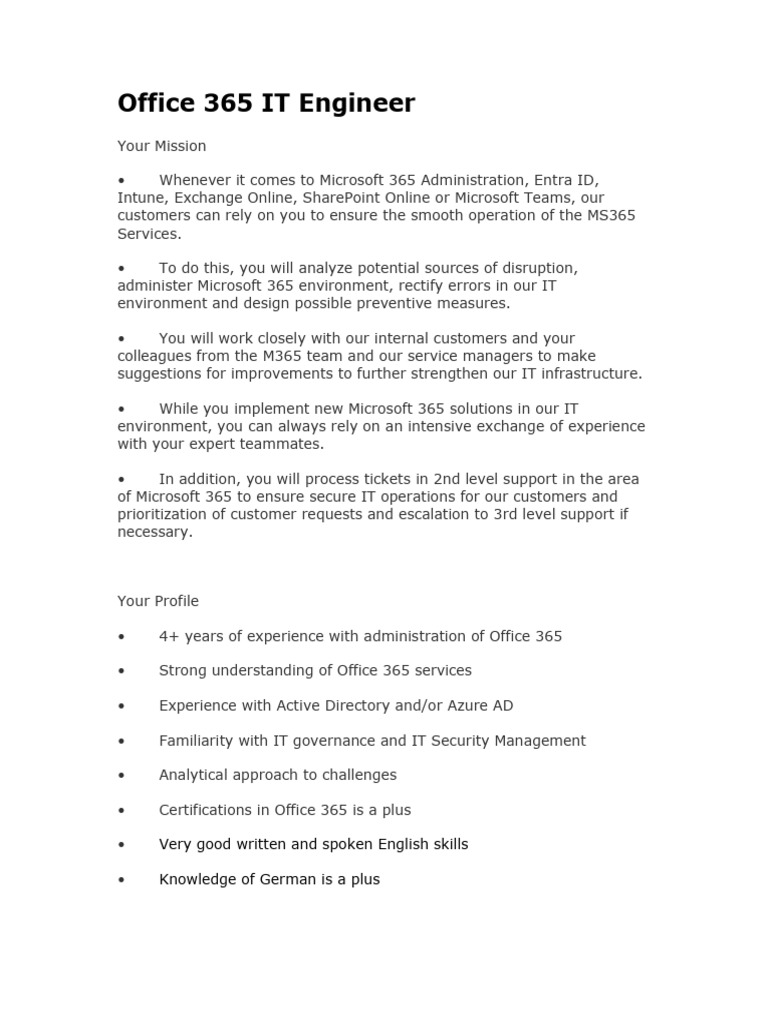 JD - O365 IT Engineer Support en | PDF