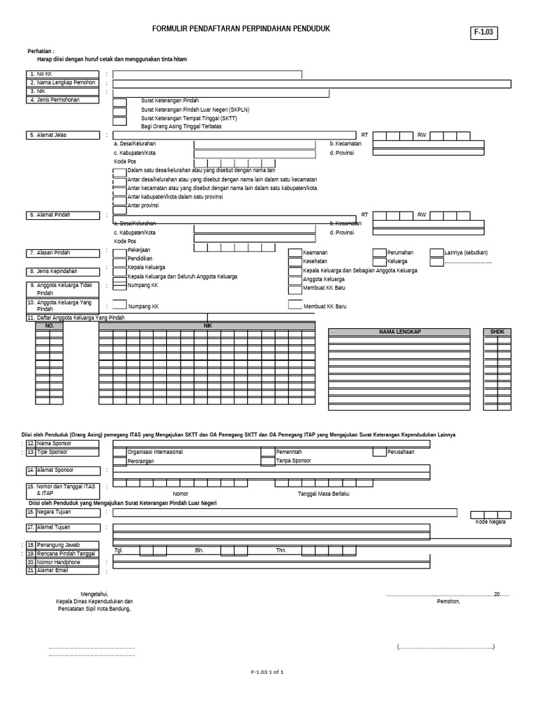 Formulir 1-03 Pendaftaran Perpindahan Penduduk | PDF
