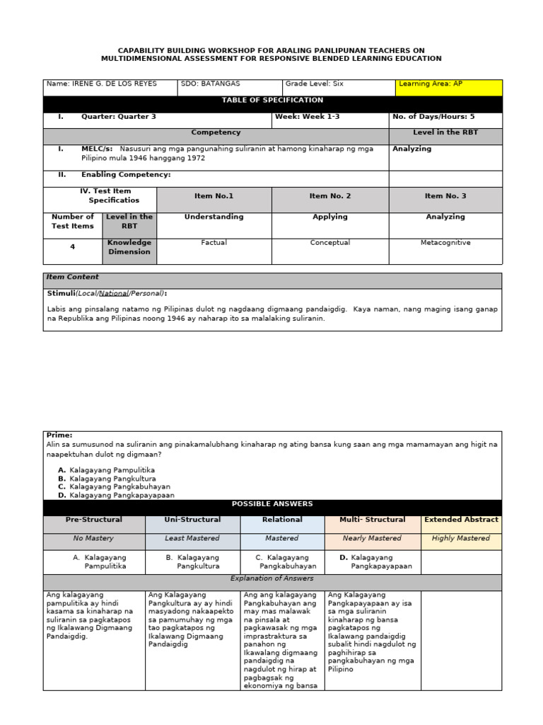 PALAKPAK-ES-Sample Multidimensional Assessment AP-1 | PDF