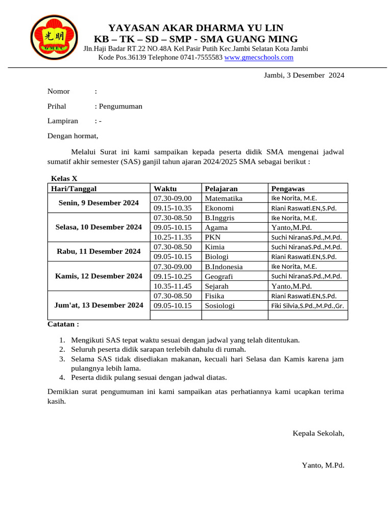 Jadwal SAS Ganjil TA 2024-2025 Kelas 10 | PDF