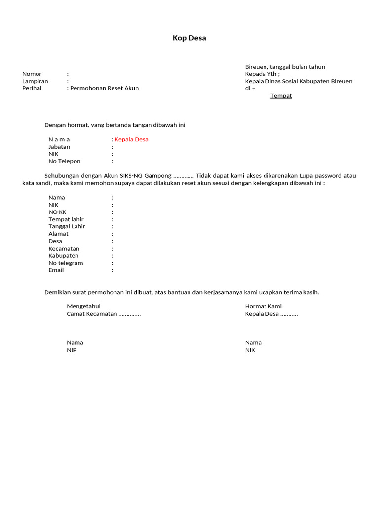 Surat Permohonan Reset Password Pdf