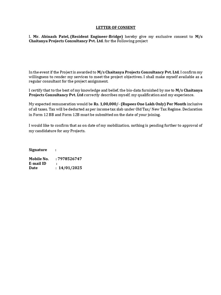 Consent Letter for Project Management Services | PDF