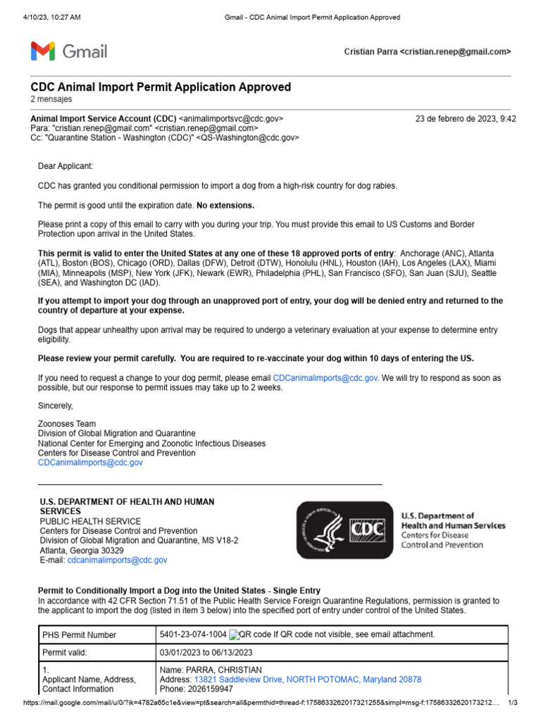 Gmail - CDC Animal Import Permit Application Approved | PDF ...