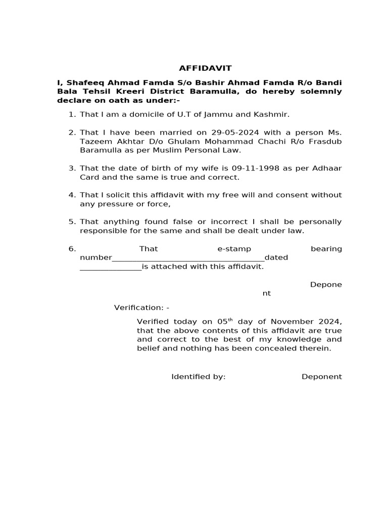 Affidavit of Marriage in Jammu Kashmir | PDF