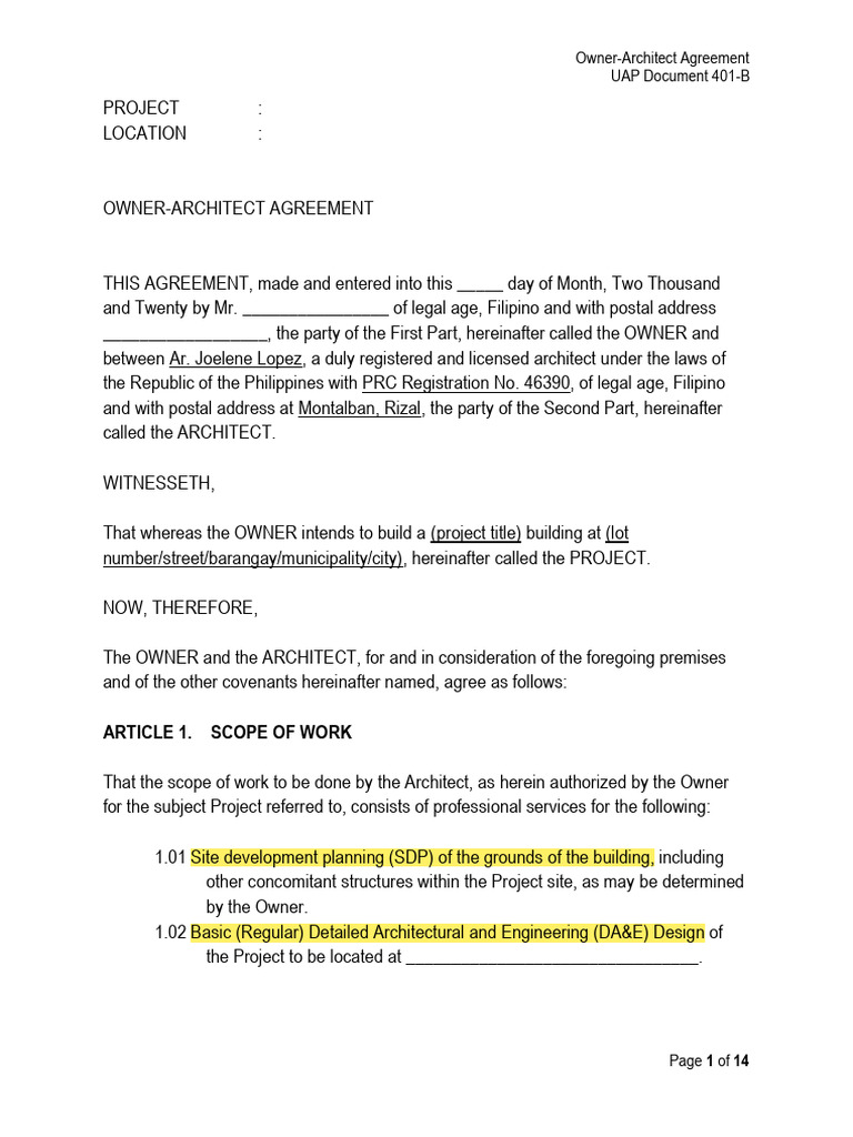 401 B Owner Architect Agreement | PDF | Architect | Specification (Technical Standard)