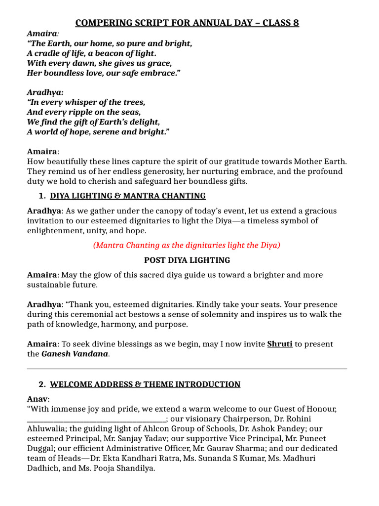 FINAL Annual Day Compering Script - Class 8 | PDF