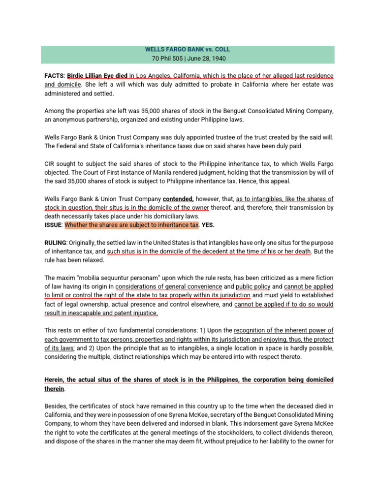 WELLS FARGO BANK vs. COLL | PDF | Estate Tax In The United States ...