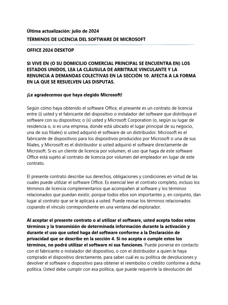 Términos de Licencia Microsoft Office 2024 | PDF | Software | Microsoft