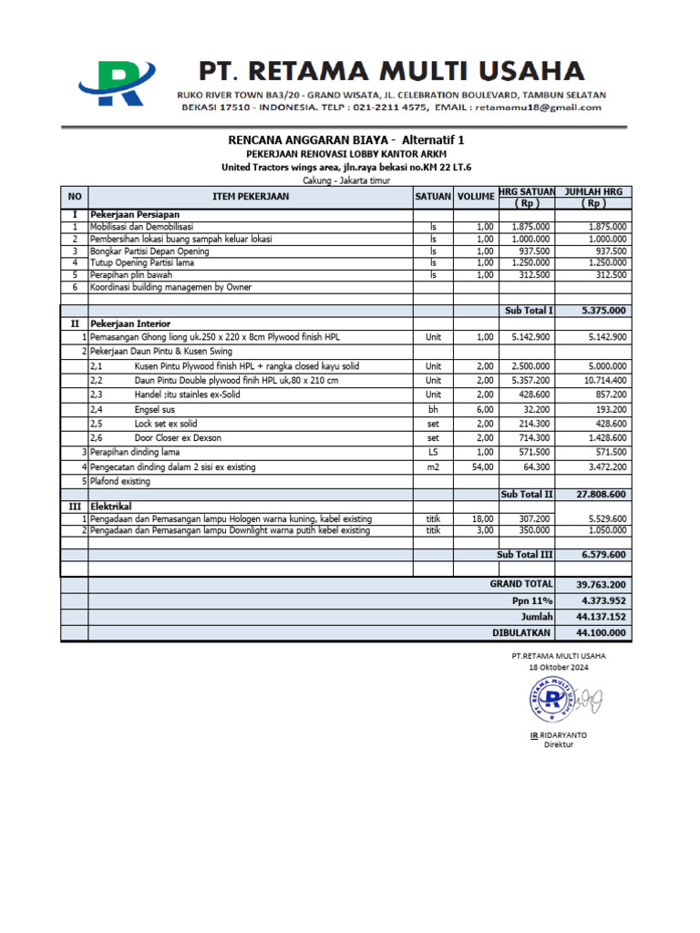 BQ Renov Lobby Kantor Arkm Alt 1. | PDF