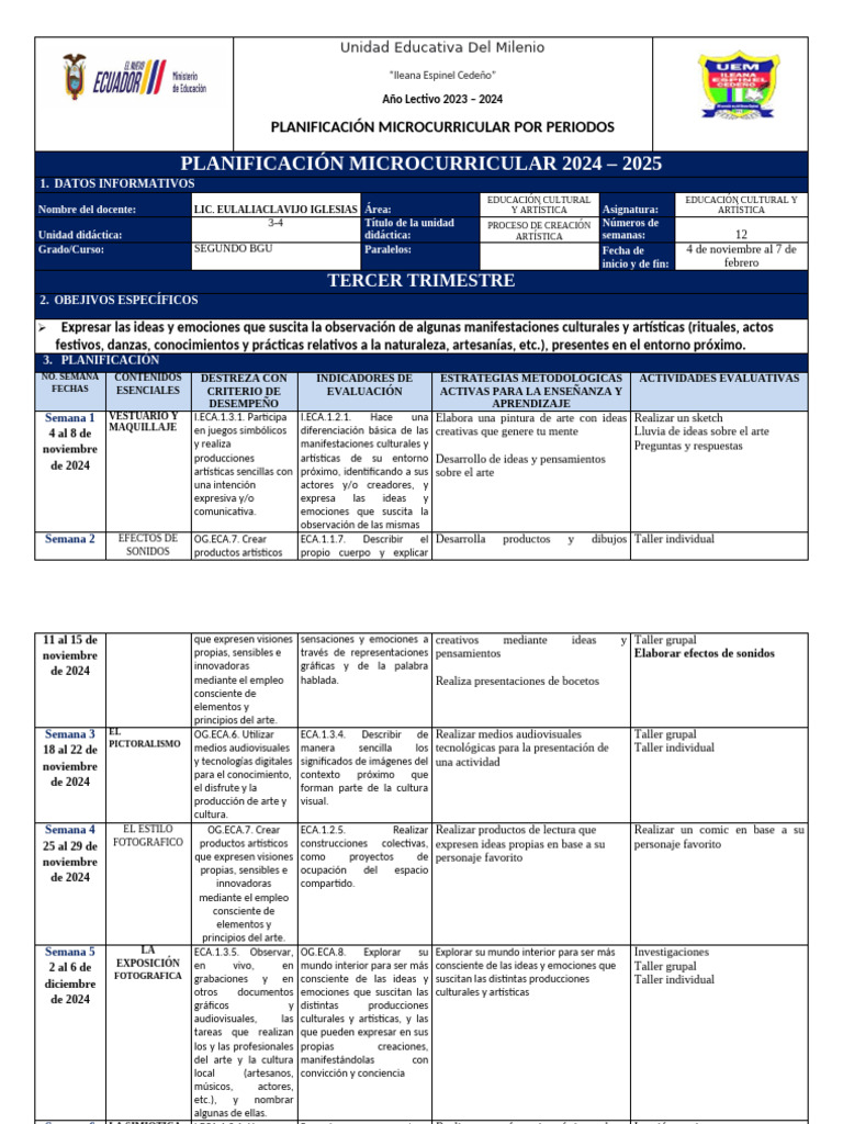 PLANIFICACION MICRO CURRICULAR ECA III RIMESTRE II BGU 2024-2025 | PDF | Las emociones | Evaluación