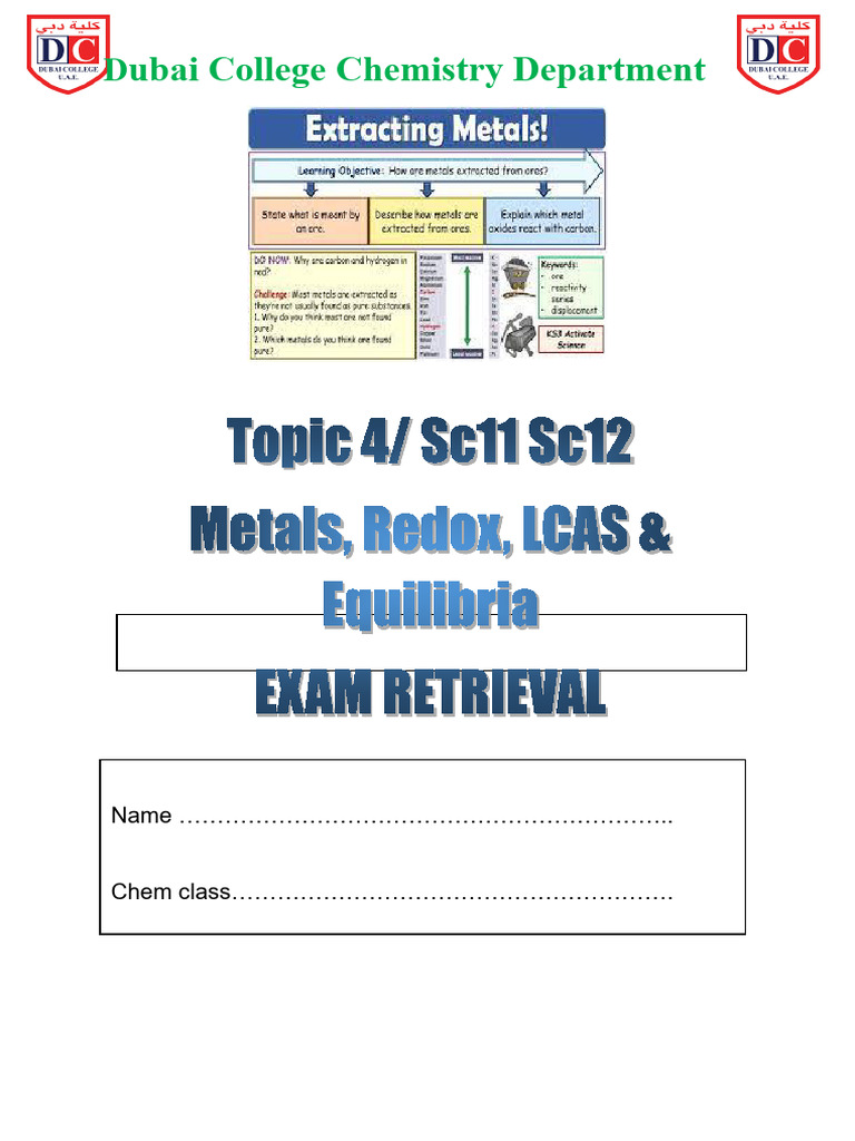 Topic 4 Sc11 Sc12 Metals, Redox, LCAs and Equilibria EXAM BOOKLET | PDF | Redox | Chemical Reactions