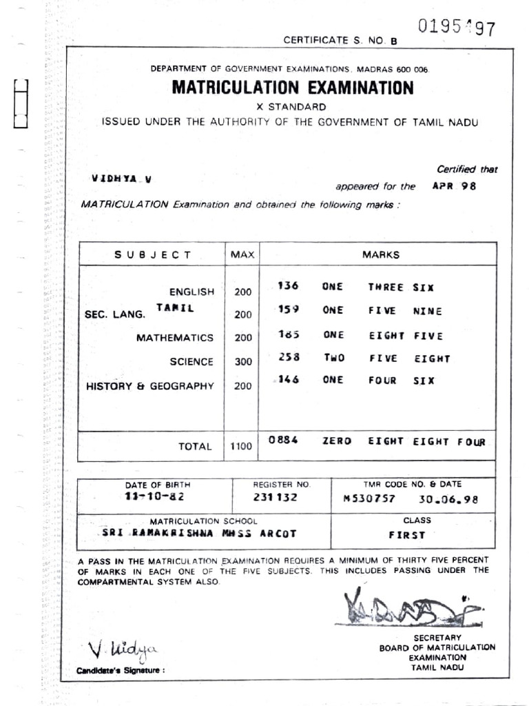 Tamil Nadu Matriculation Results | PDF