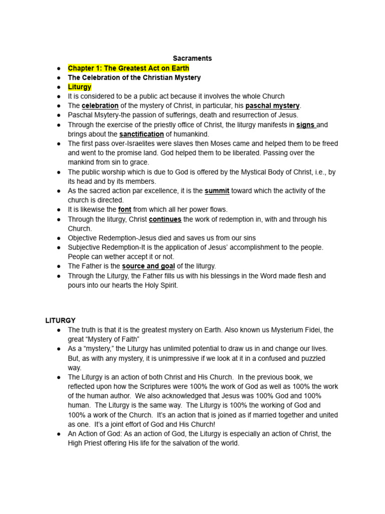 Sacraments Lecture 1 and 2 Notes | PDF | Liturgical Year | Sacred Mysteries