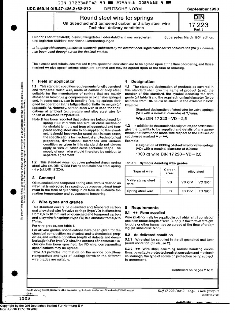 DIN 17223-2-1990, Round Steel Wire For Springs | PDF