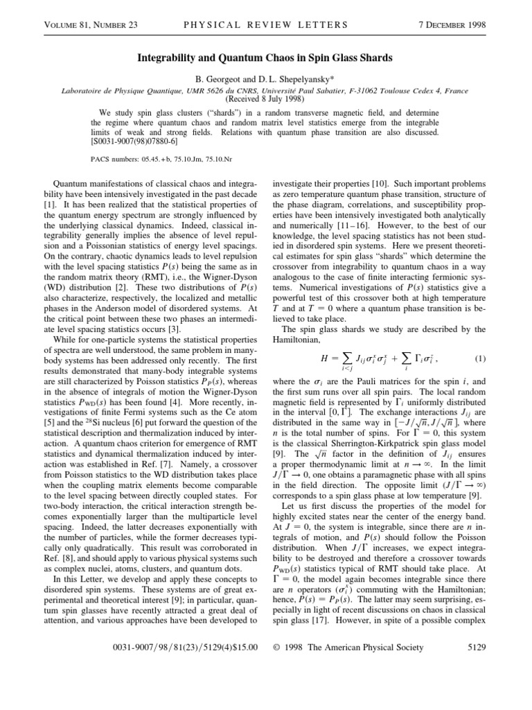 B. Georgeot and D. L. Shepelyansky - Integrability and Quantum Chaos in Spin Glass Shards | PDF ...