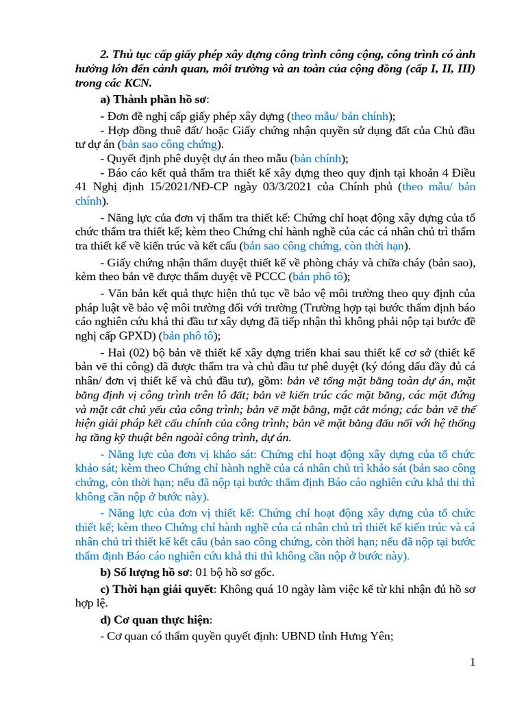 2. TTHC Cap GPXD (Cap I,II, III) Trong Cac KCN HY Theo NĐ 15.2021 - Rút Gọn | PDF