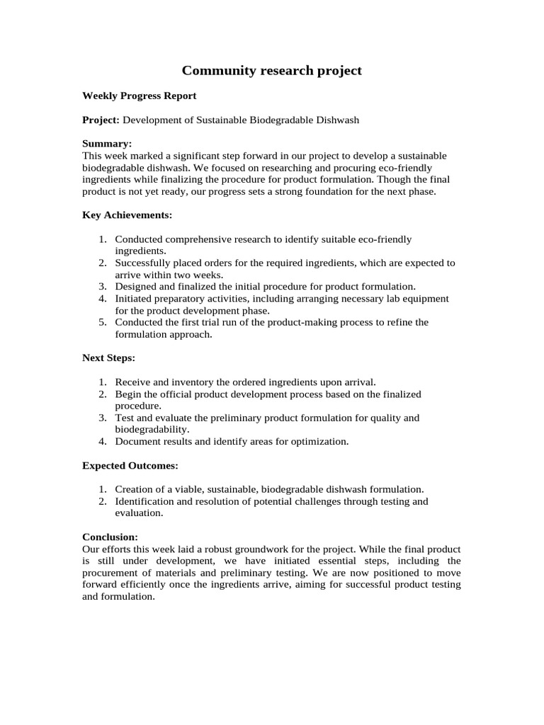 Sustainable Biodegradable Dishwash Progress | PDF