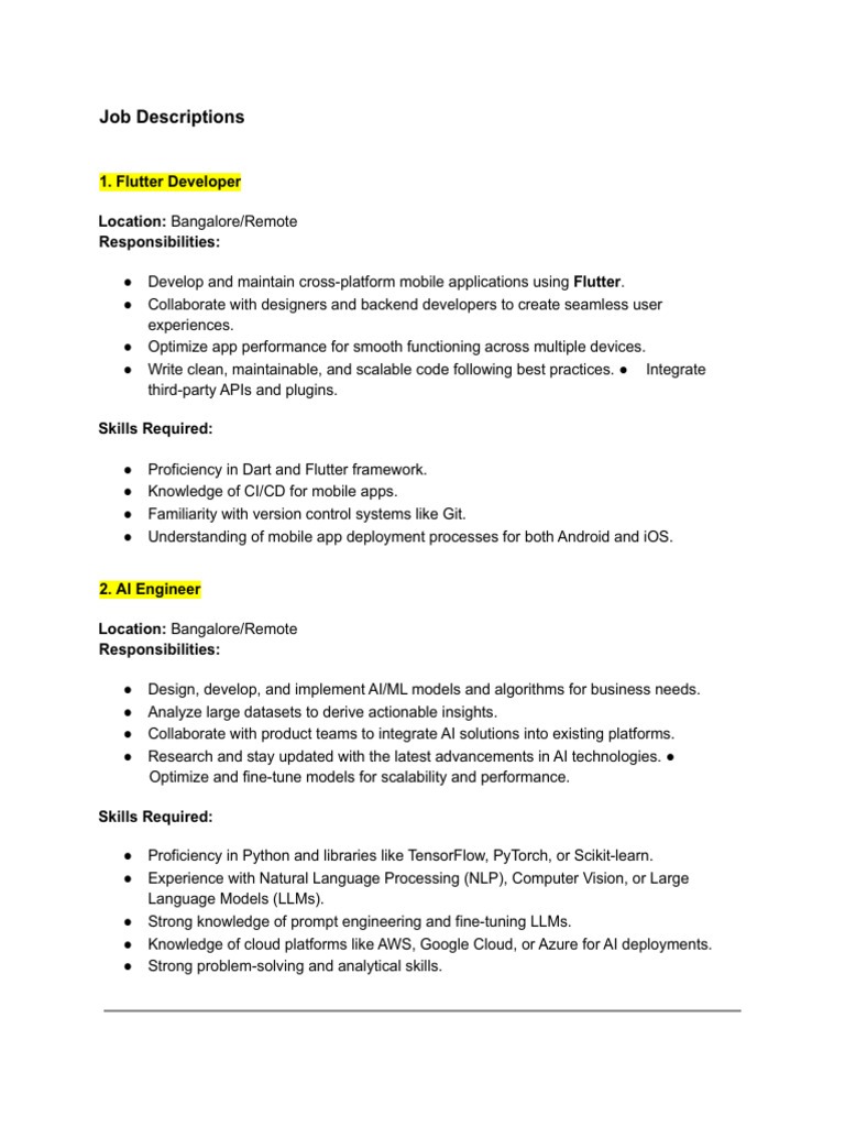 Job Descriptions: 1. Flutter Developer Location: Responsibilities: Flutter | PDF
