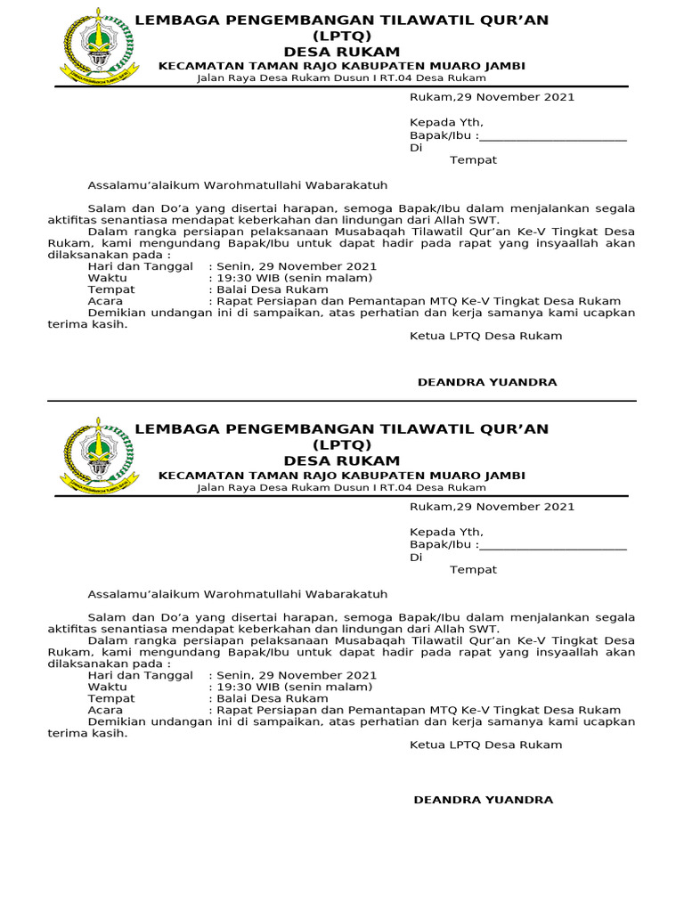 UNDANGAN RAPAT MTQ | PDF