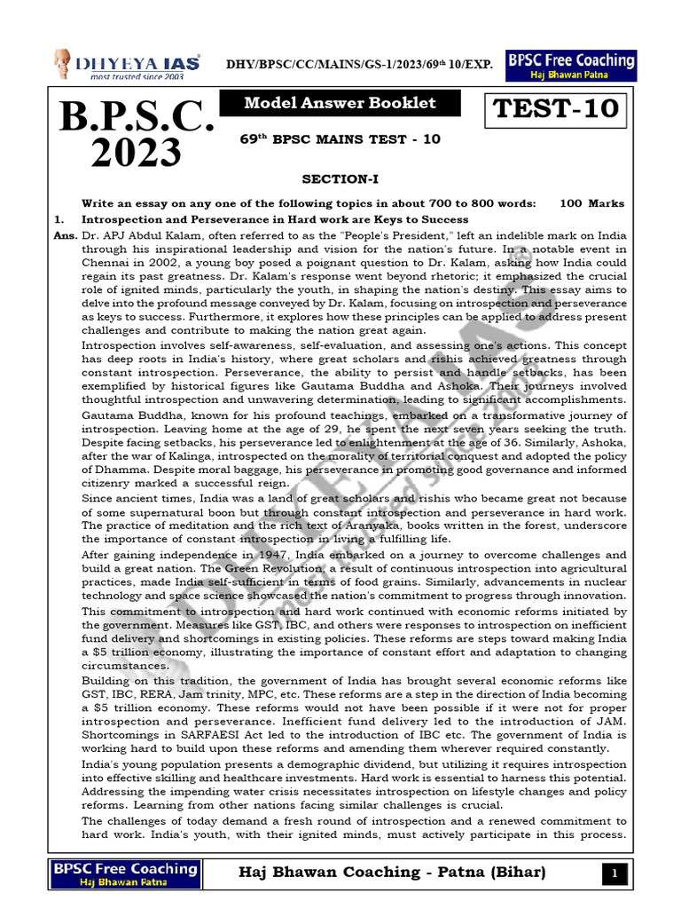 69th BPSC Mains English Model Answer Test 10 | PDF