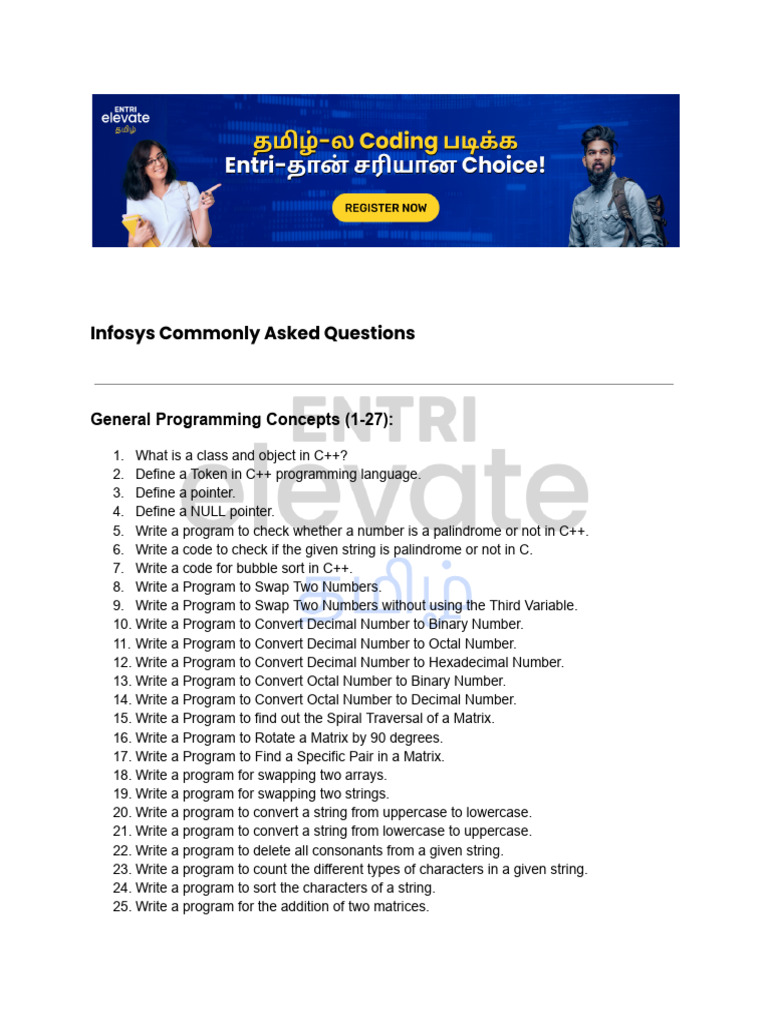 Infosys Commonly Asked Questions | PDF | Sql | Method (Computer Programming)
