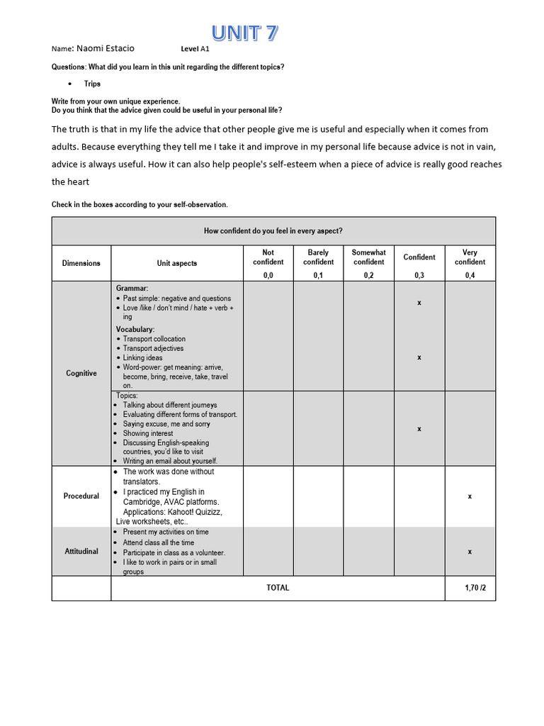 A2 - U7 - Self Evaluation Naomi Estacio | PDF | Linguistics | Human Communication