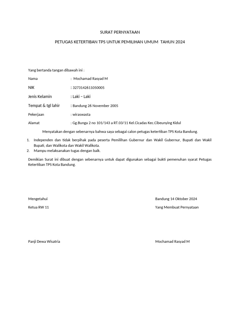 SURAT PERNYATAAN PAM TPS | PDF