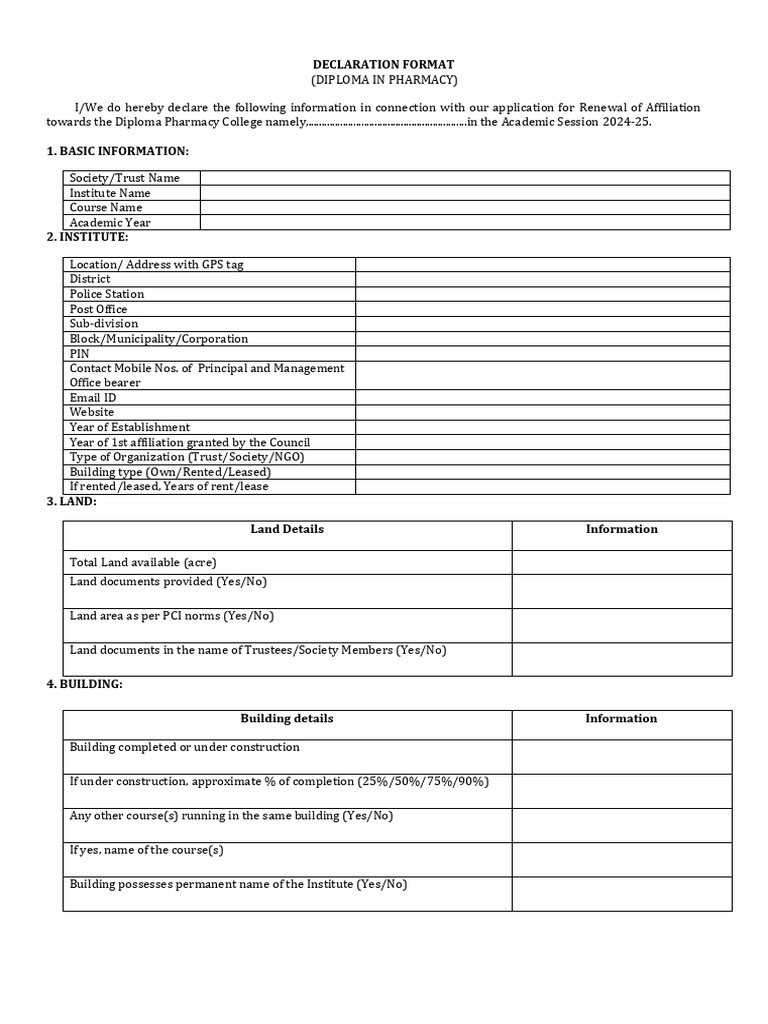 DECLARATION FORMAT-Pharmacy_OLD Instt-140 - 14-01-25 | PDF | Laboratories | Libraries